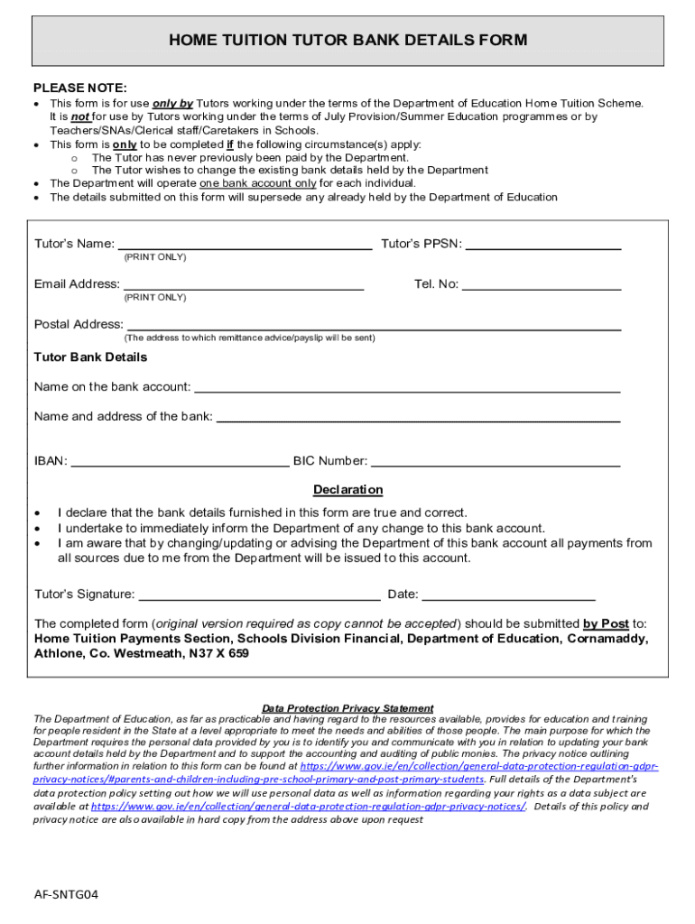 Fillable Online HOME TUITION TUTOR BANK DETAILS FORM Fax Email Print - pdfFiller