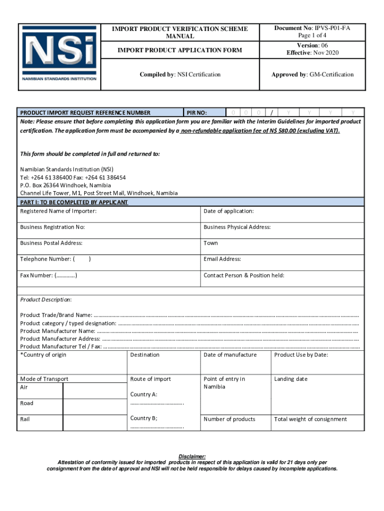 Fillable Online IPVS-P01-FA Page 1 of 4 IMPORT PRODUCT APPLICATION FORM ... Fax Email Print ...
