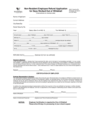 Fillable Online Non-Resident Employee Refund Application for Days ...