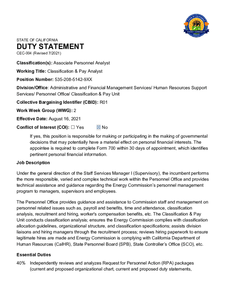 Fillable Online DUTY STATEMENT Classification: Associate Personnel ... Fax Email Print - pdfFiller