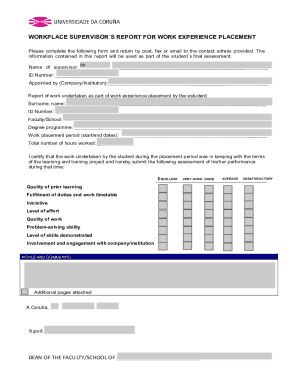 Fillable Online workplace supervisors report for work experience ...