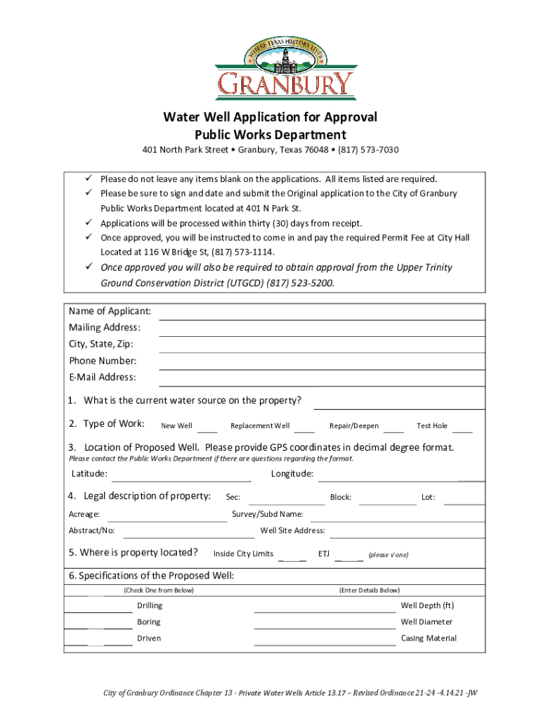 Fillable Online Water Well Application for Approval Public Works ...