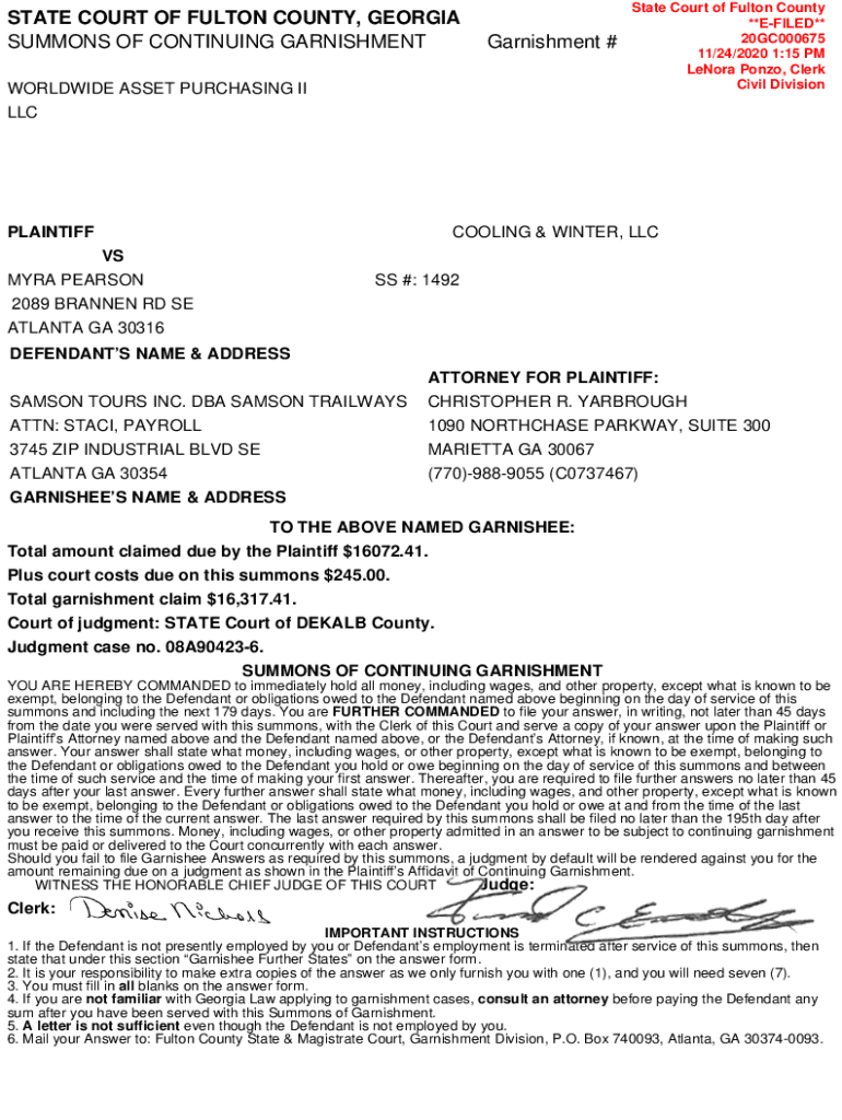 Fillable Online STATE COURT OF FULTON COUNTY, GEORGIA SUMMONS OF ...