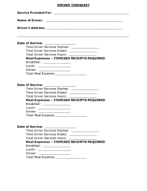 Fillable Online DRIVER TIMESHEET Service Provided For: Name of Driver ...