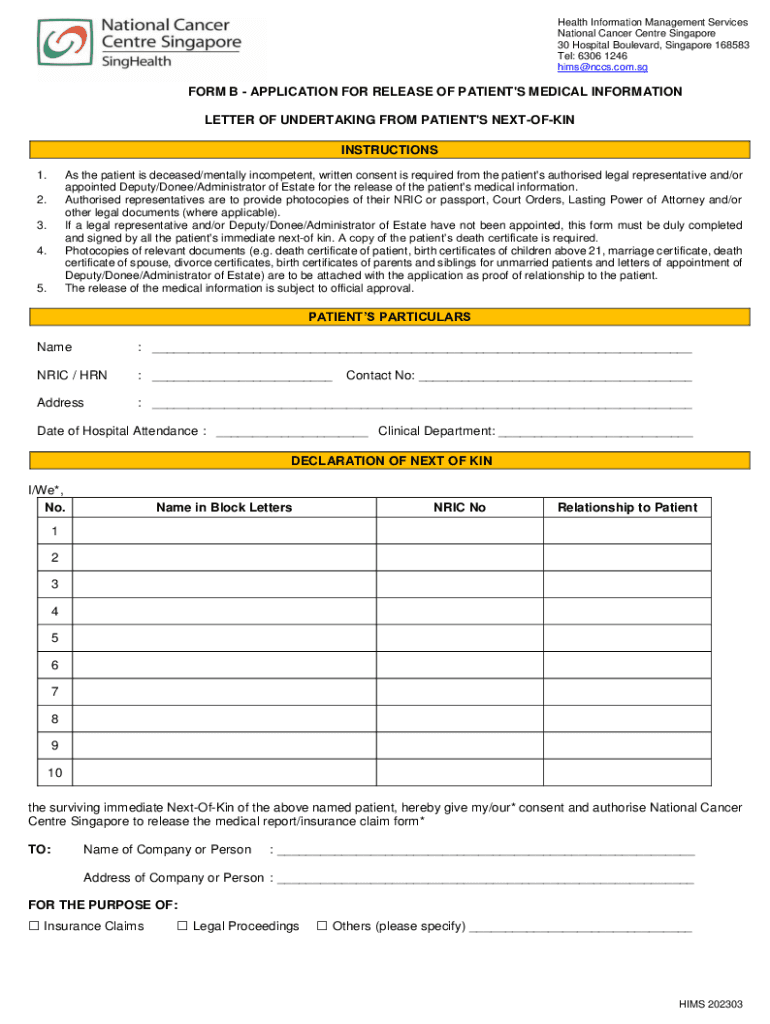 Fillable Online FORM B - APPLICATION FOR RELEASE OF PATIENT'S MEDICAL ...