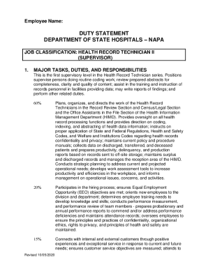 Fillable Online duty statement department of state hospitalsnapa Fax ...