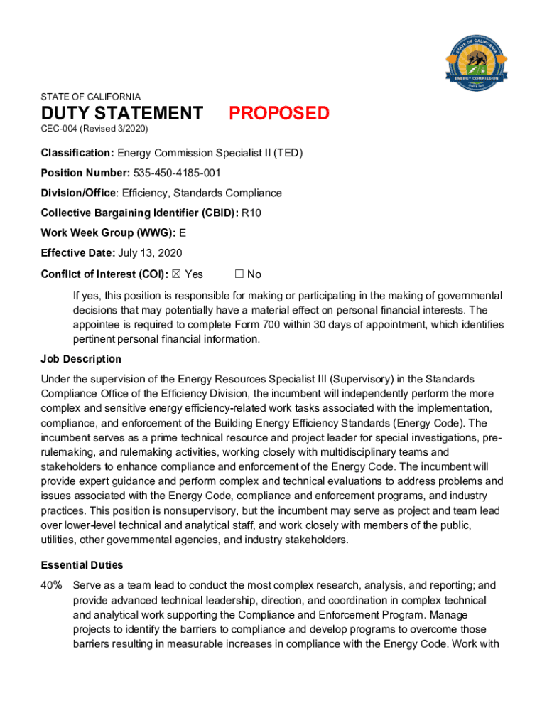 Fillable Online ECS II SCO Proposed Duty Statement Fax Email Print - pdfFiller