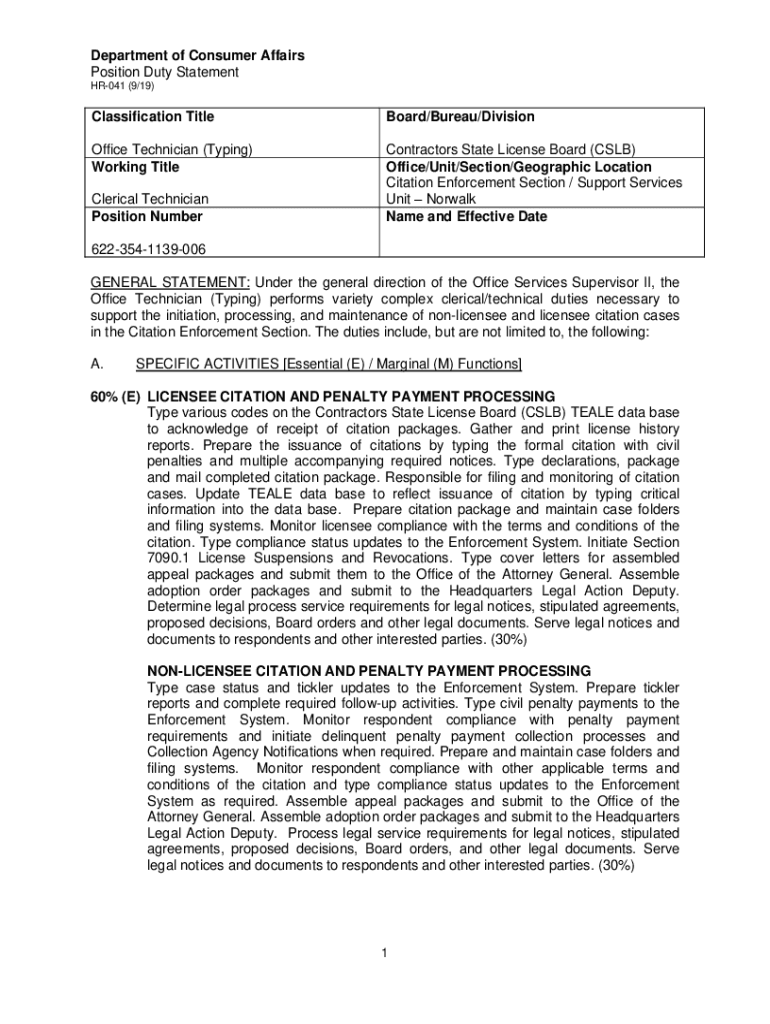 Fillable Online Duty Statement 622-103 Fax Email Print - pdfFiller