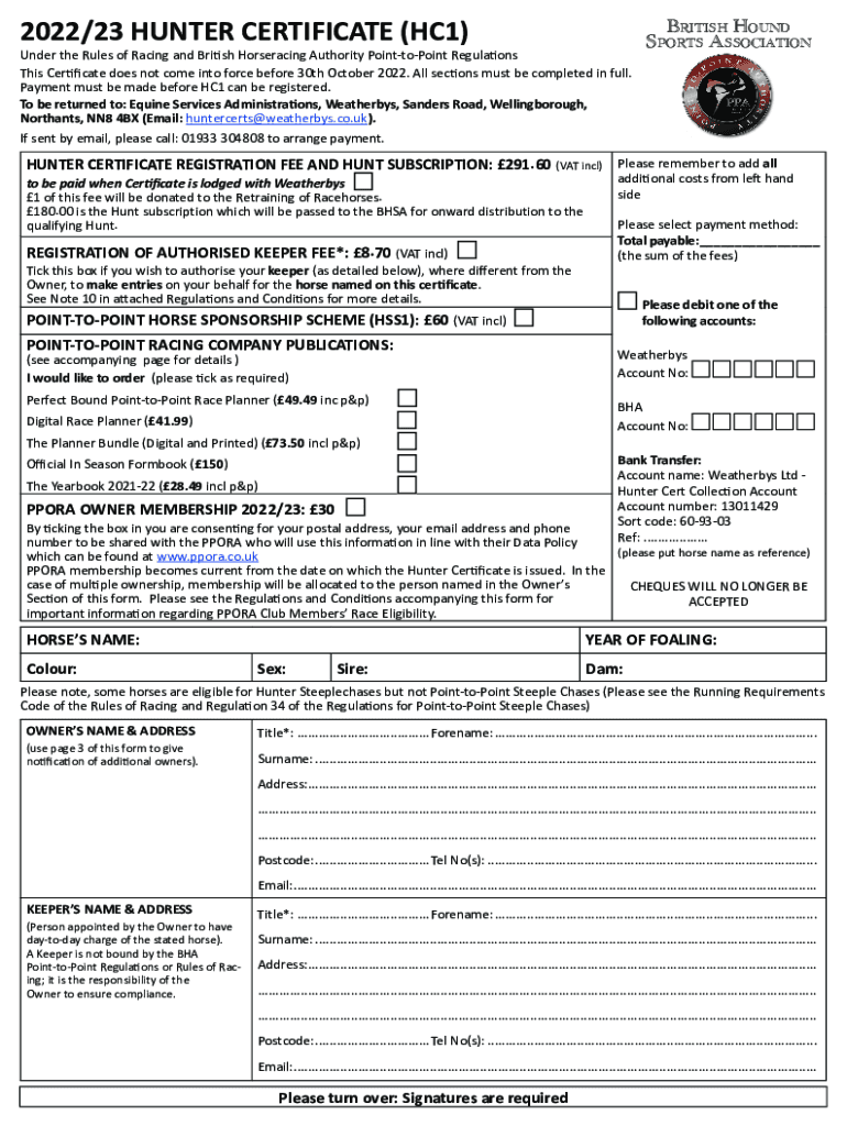 Fillable Online HC1 2018/19 HUNTER CERTIFICATE Please turn over Fax ...