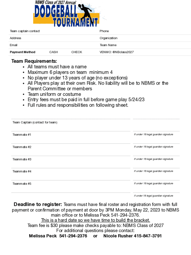 Fillable Online dodgeball registration form 2023 Fax Email Print ...