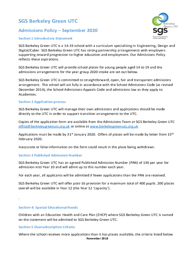 Fillable Online SGS Berkeley Green UTC - Admissions Policy Fax Email ...