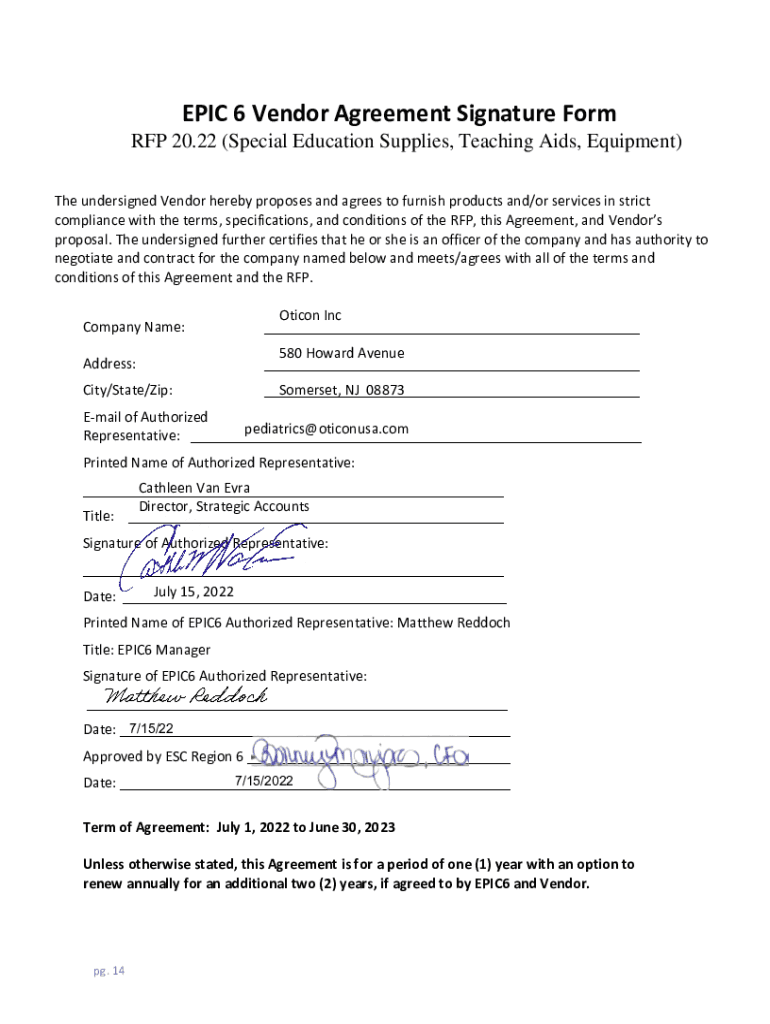 Fillable Online EPIC 6 Vendor Agreement Signature Form - RFP 20.22 (Special ... Fax Email Print ...