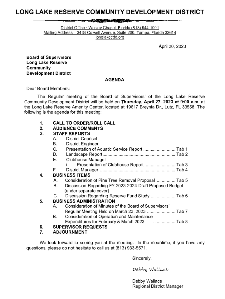 Fillable Online LONG LAKE RESERVE COMMUNITY DEVELOPMENT DISTRICT Fax ...