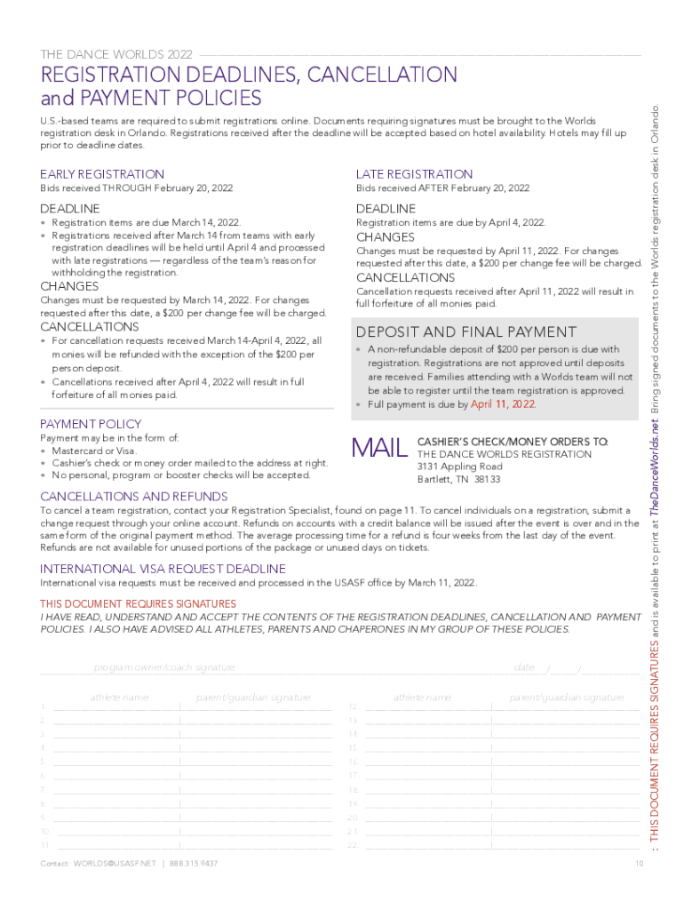 Fillable Online The Dance Worlds Registration Deadlines, Cancellation & Payment Policies. Worlds ...