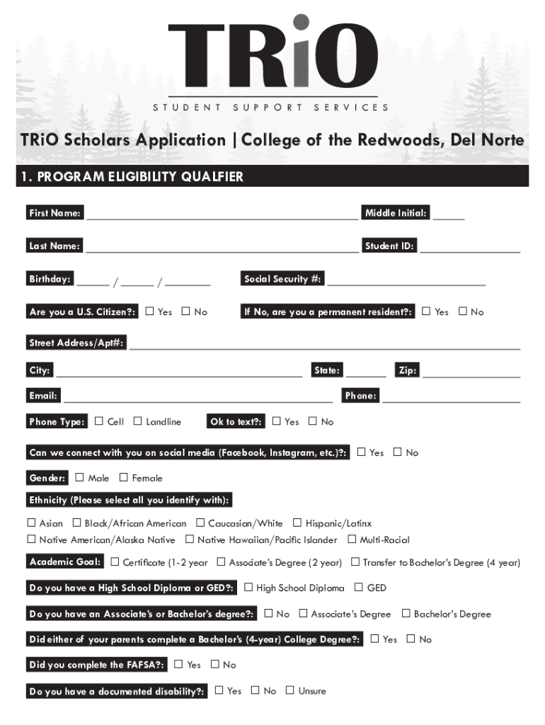 Fillable Online TRiO Scholars ApplicationCollege of the Redwoods, Del Norte Fax Email Print ...
