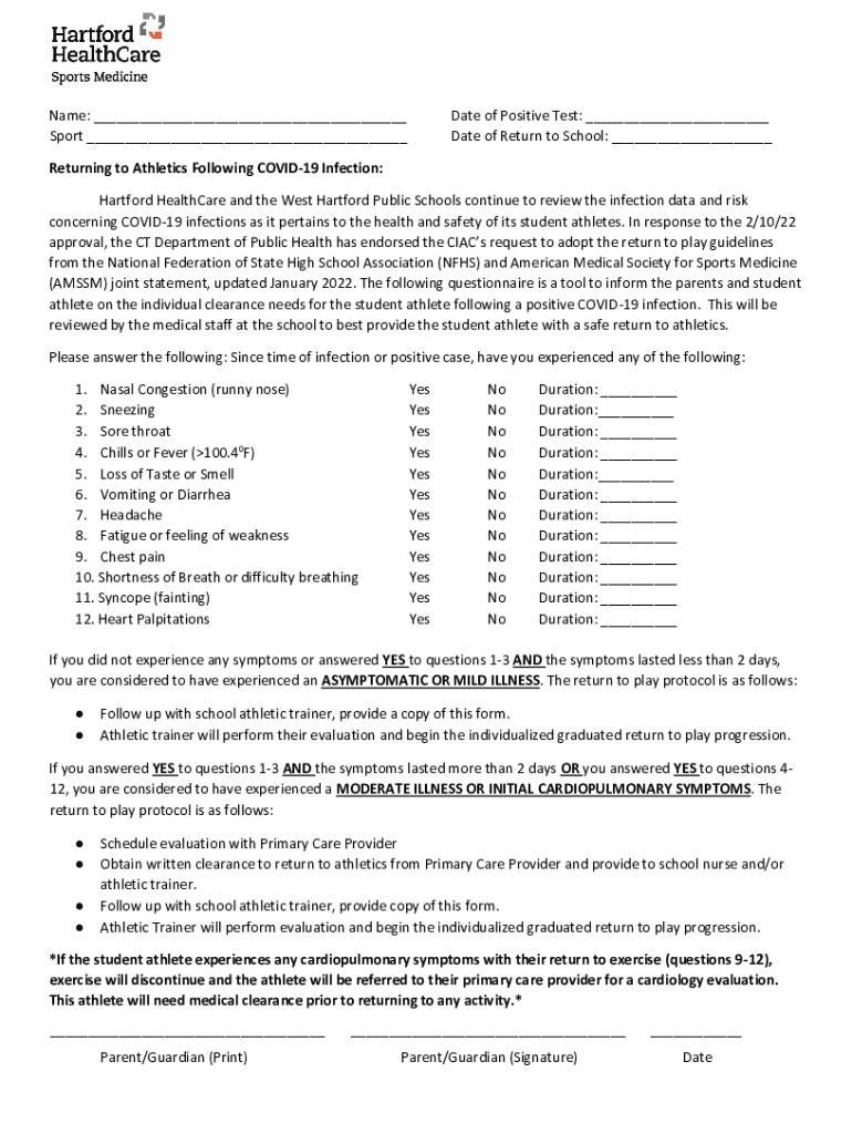 Fillable Online Returning to Athletics Following COVID-Questionnaire ...