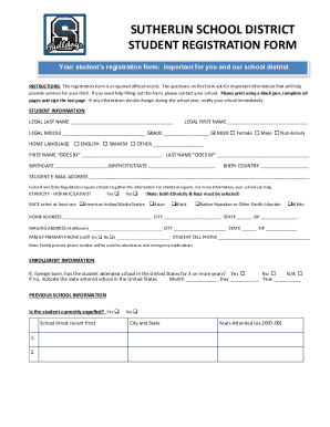 Fillable Online sutherlin school district - student registration form ...
