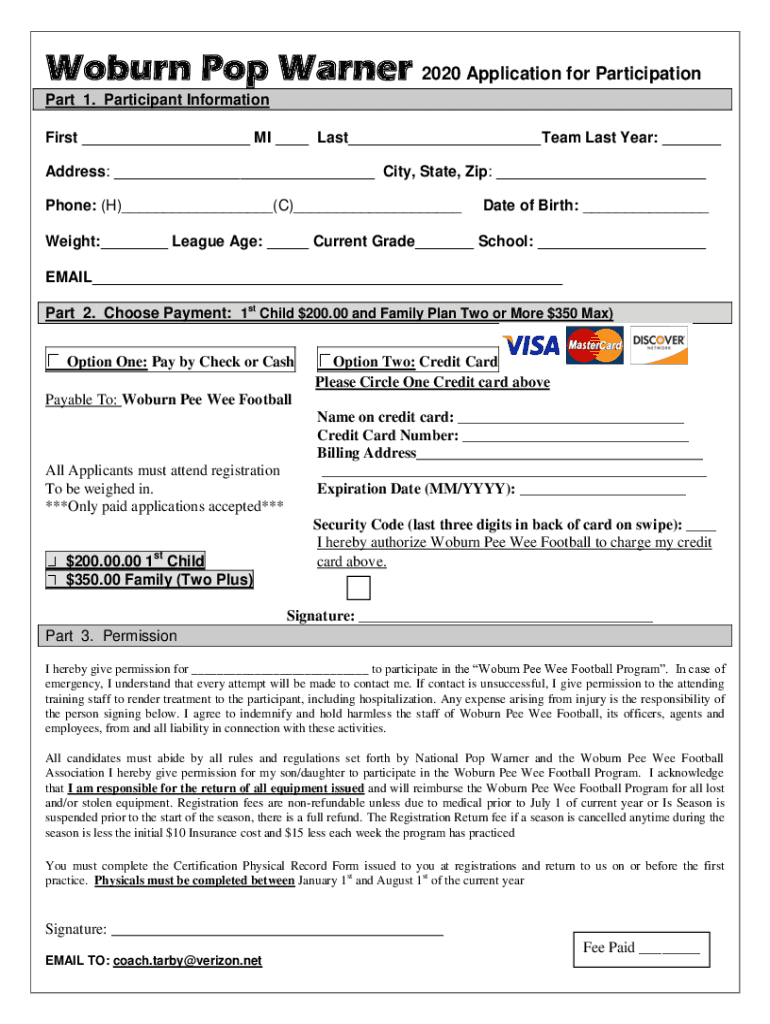 Fillable Online Cadillac Football LeaguePop Warner - Cheer Application ...