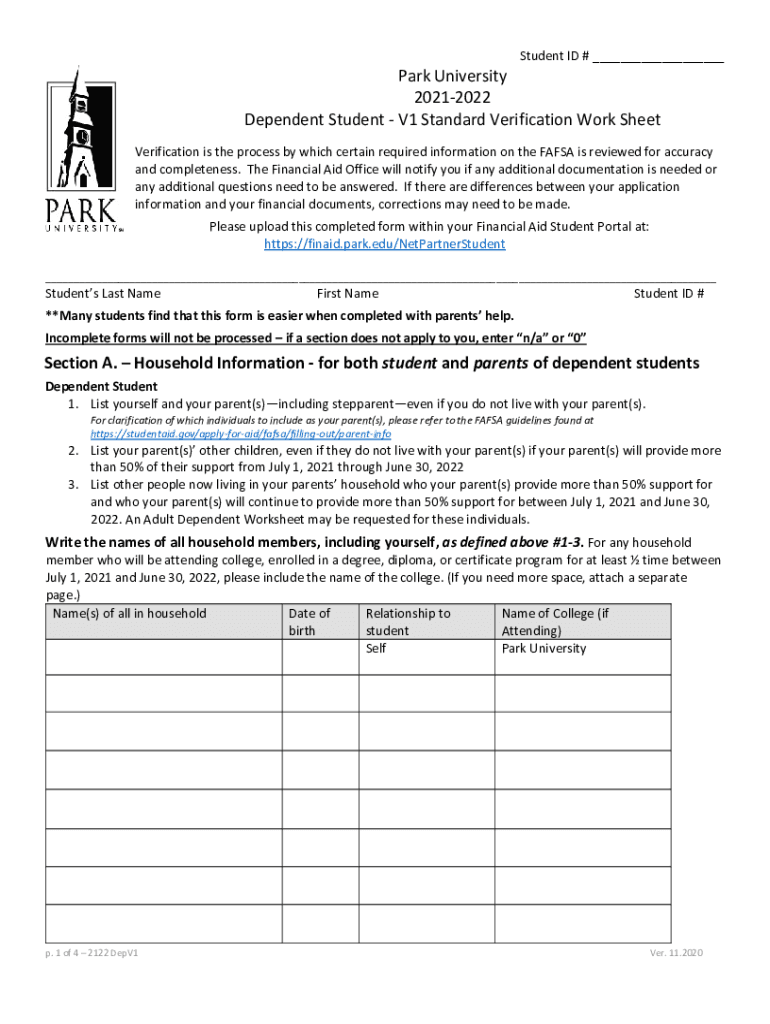 Fillable Online Dependent Student - V1 Standard Verification Work Sheet Fax Email Print - pdfFiller