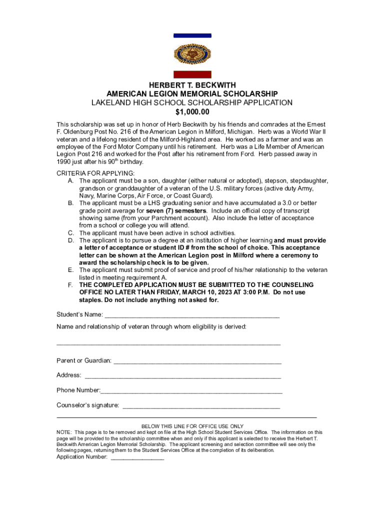 Fillable Online AMERICAN LEGION MEMORIAL SCHOLARSHIP Fax Email Print - pdfFiller