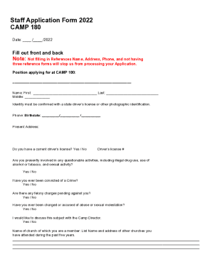 Fillable Online Staff Application Form 2022 CAMP 180 Fax Email Print - pdfFiller