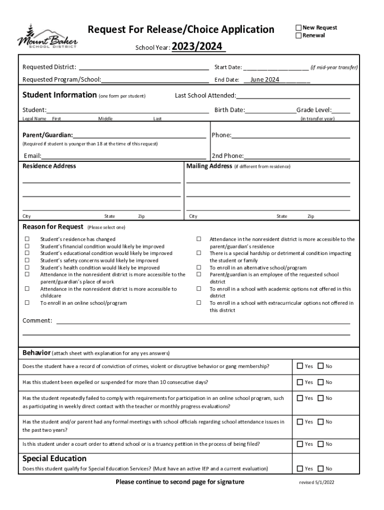 Fillable Online Request For Release/Choice Application Fax Email Print ...