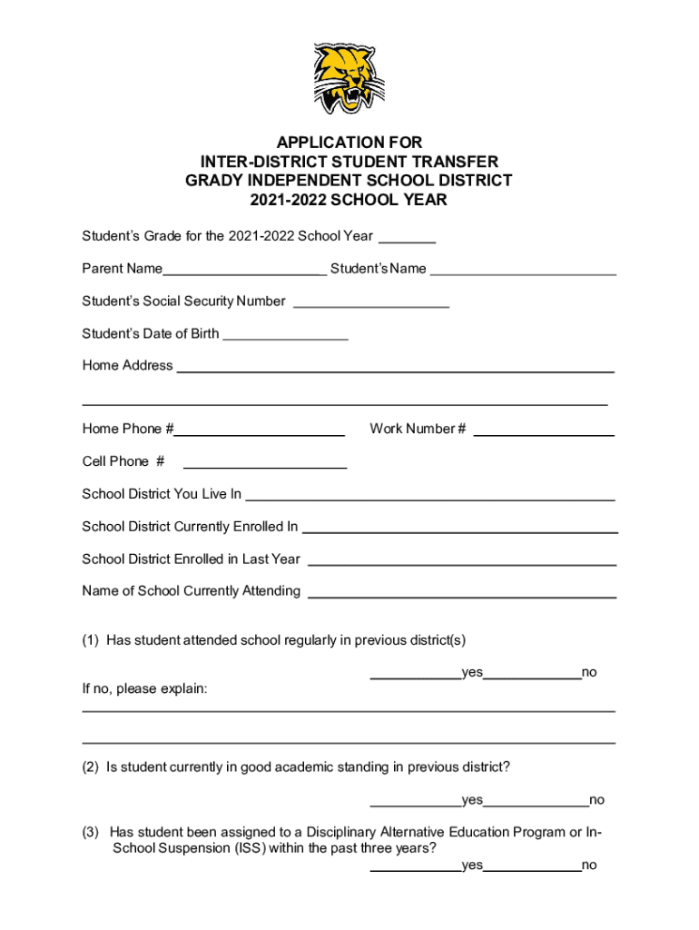 Fillable Online application for inter-district student transfer grady ...