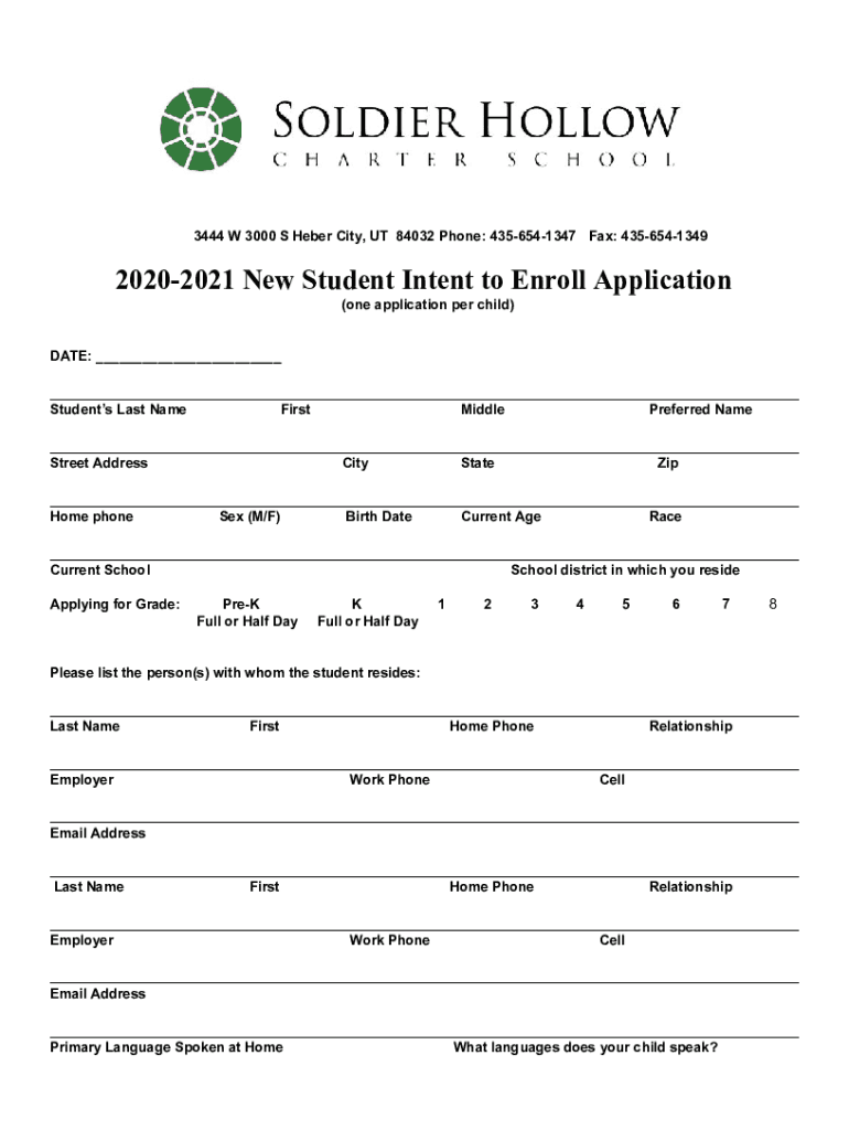 Fillable Online 2020-2021 New Student Intent to Enroll Application Fax Email Print - pdfFiller