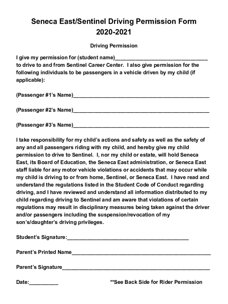 Fillable Online Seneca East/Sentinel Driving Permission Form 2020-2021 ...