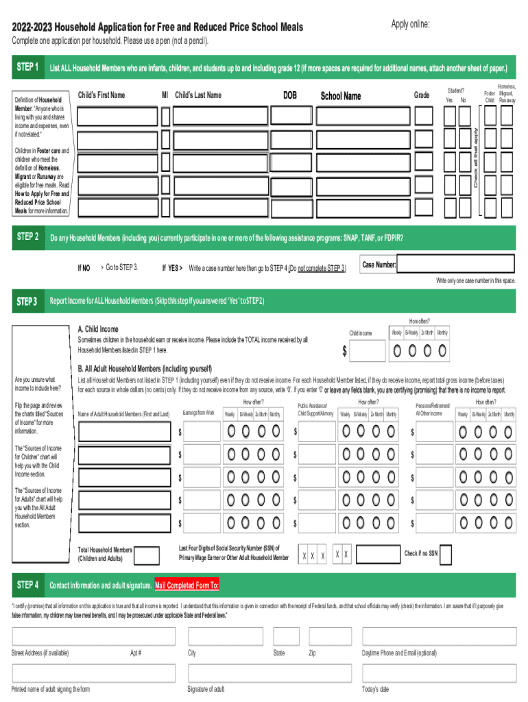 Fillable Online 20 Household Application for Free and Reduced Price ...