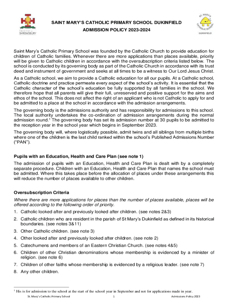 Fillable Online St Mary's Catholic Primary School Admissions Criteria ...
