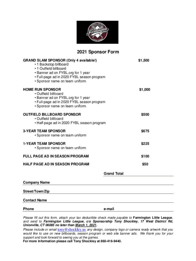 Fillable Online PDF 2021 BVHS Baseball Sponsorship Form with Grand ...