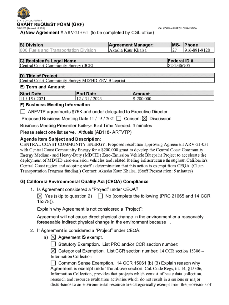 Fillable Online GRANT REQUEST FORM (GRF) A. New Agreement Number ... Fax Email Print - pdfFiller