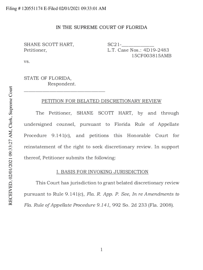 Fillable Online 1 IN THE SUPREME COURT OF FLORIDA SHANE SCOTT HART ...