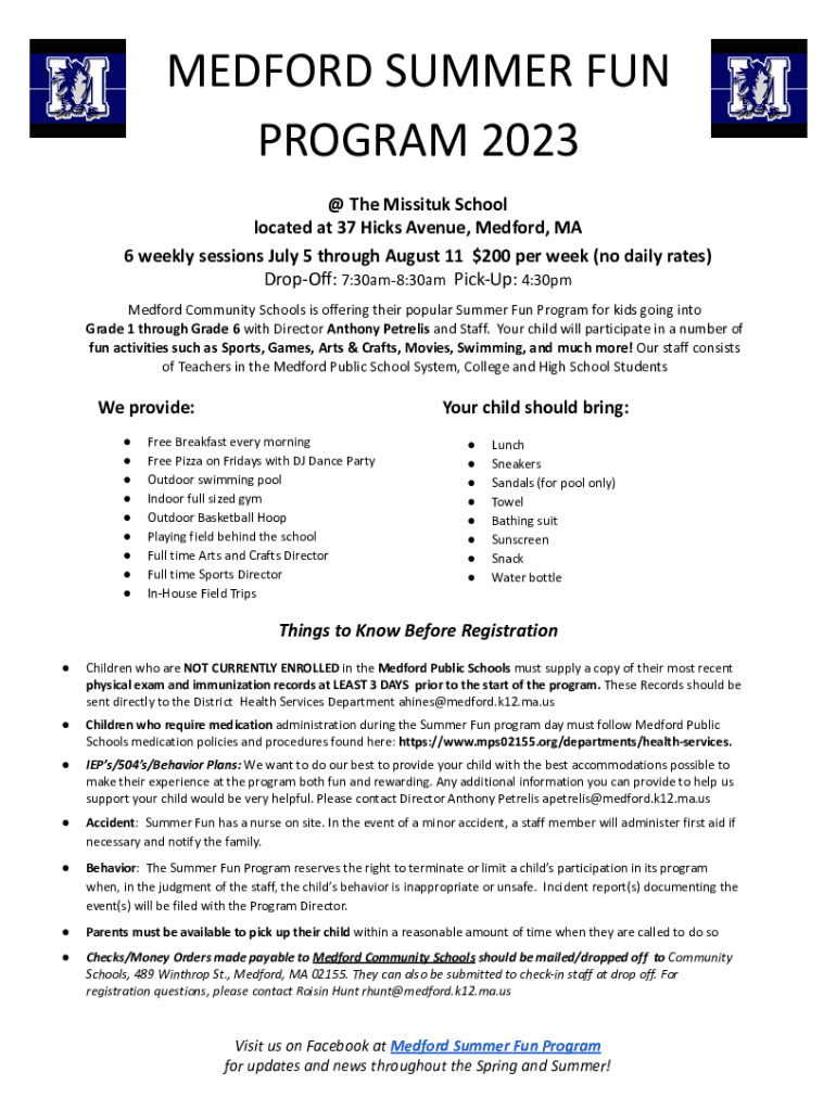 Fillable Online Medford schools to offer wide range of summer programs ...