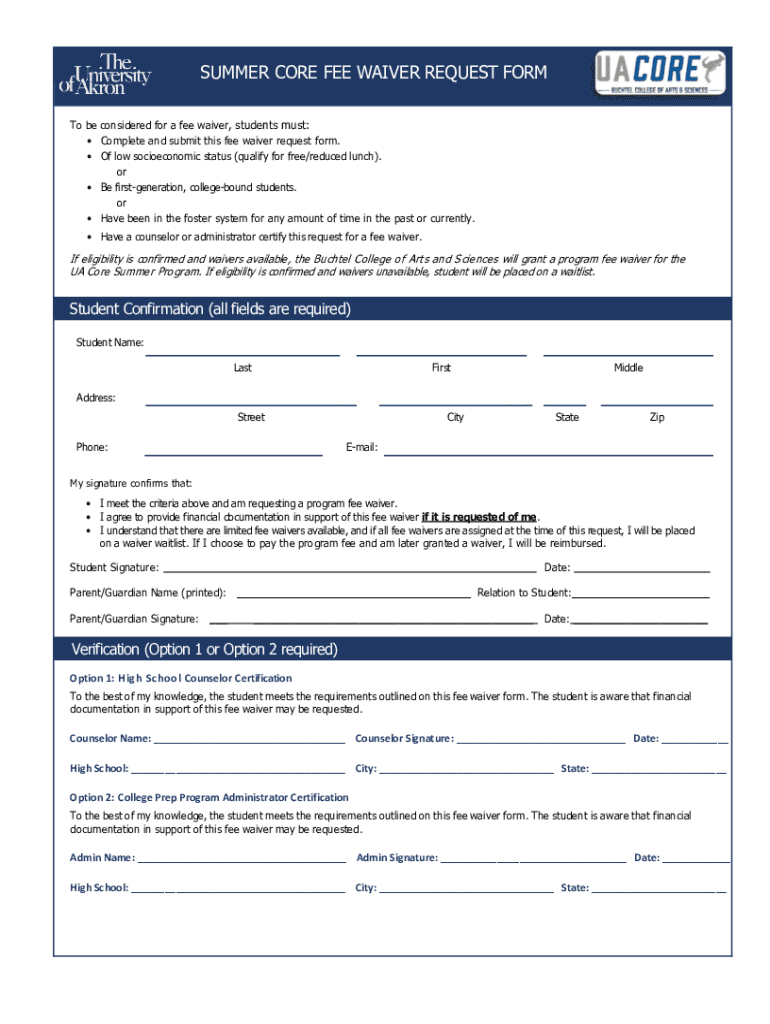 Fillable Online SUMMER CORE FEE WAIVER REQUEST FORM Fax Email Print ...