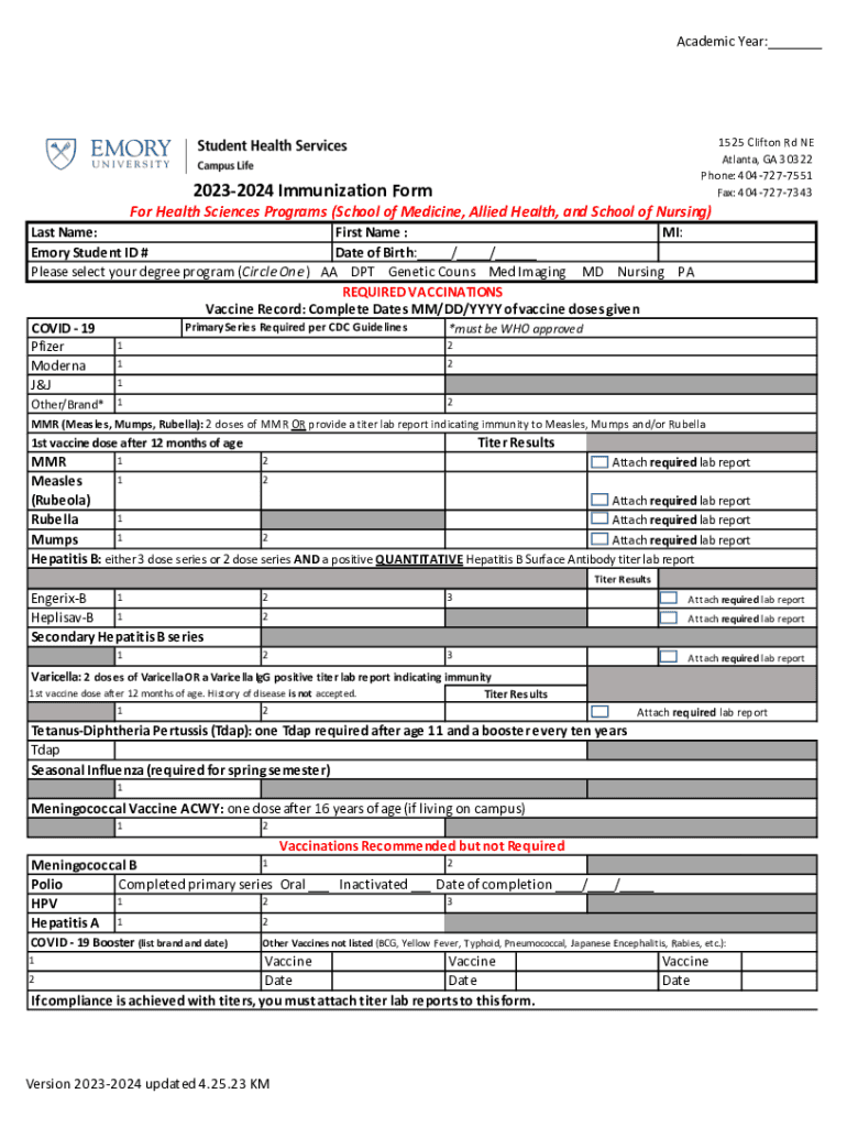 Fillable Online studenthealth emory 2023 - 2024 IMM FORM Health Science Students Fax Email Print ...