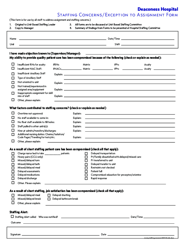 Fillable Online Deaconess Hospital Staffing Concerns/Exception to ...
