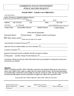 Fillable Online CAMBRIDGE POLICE DEPARTMENT PUBLIC RECORD ... Fax Email ...