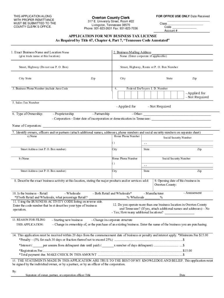 Fillable Online Overton County Clerk APPLICATION FOR NEW BUSINESS TAX ...