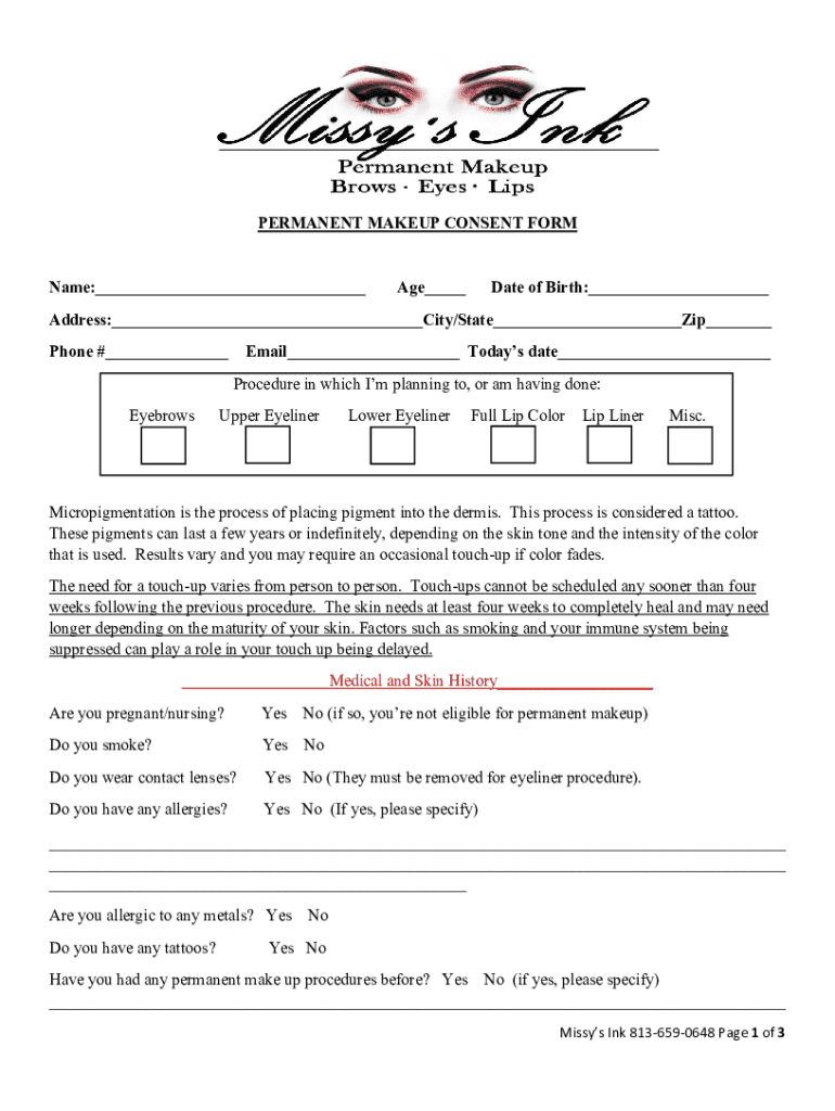 Fillable Online PERMANENT MAKEUP CONSENT FORM Name: Age Date of ... Fax ...