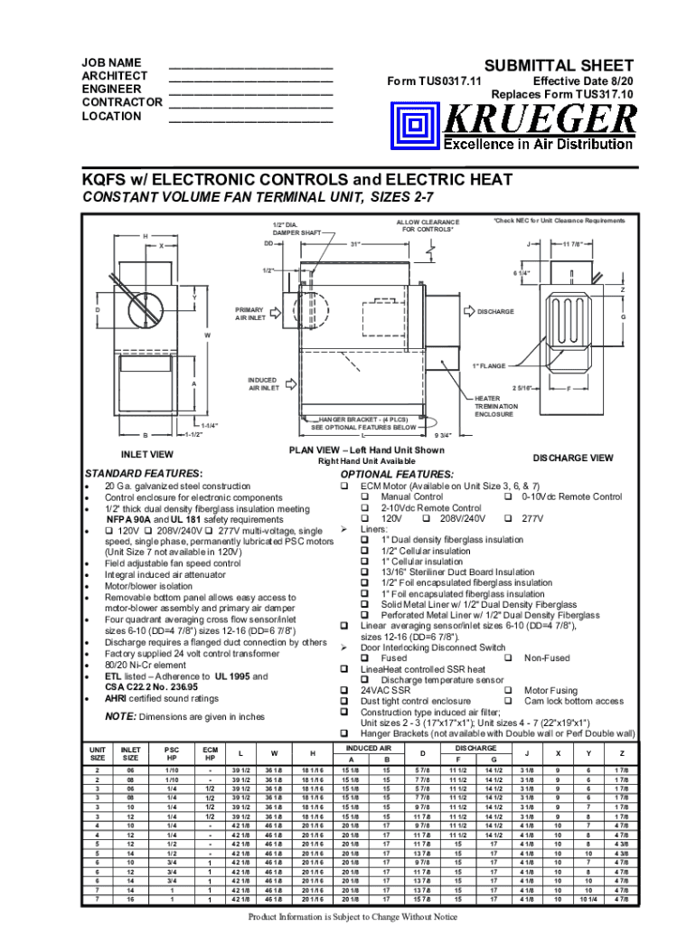 Fillable Online SUBMITTAL SHEET KQFS w/ ELECTRONIC CONTROLS ... Fax ...