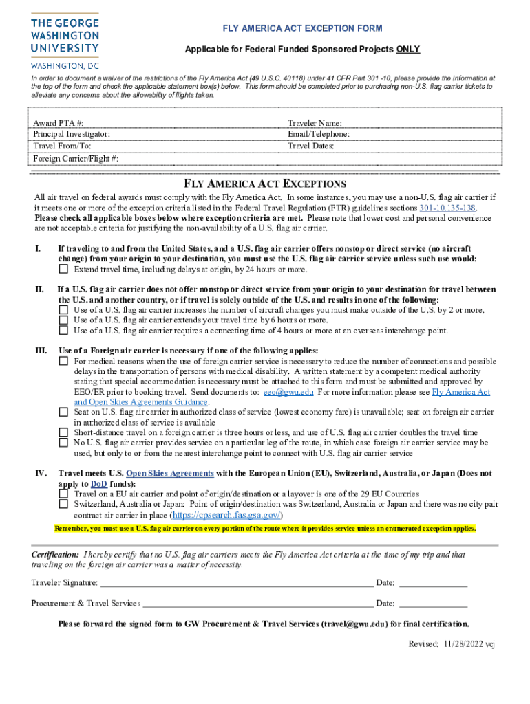 Fillable Online FLY AMERICA ACT WAIVER CHECKLIST FORM ... - GURU Fax ...