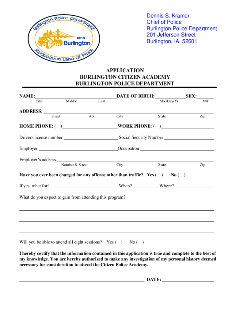 Fillable Online application burlington citizen academy burlington ...