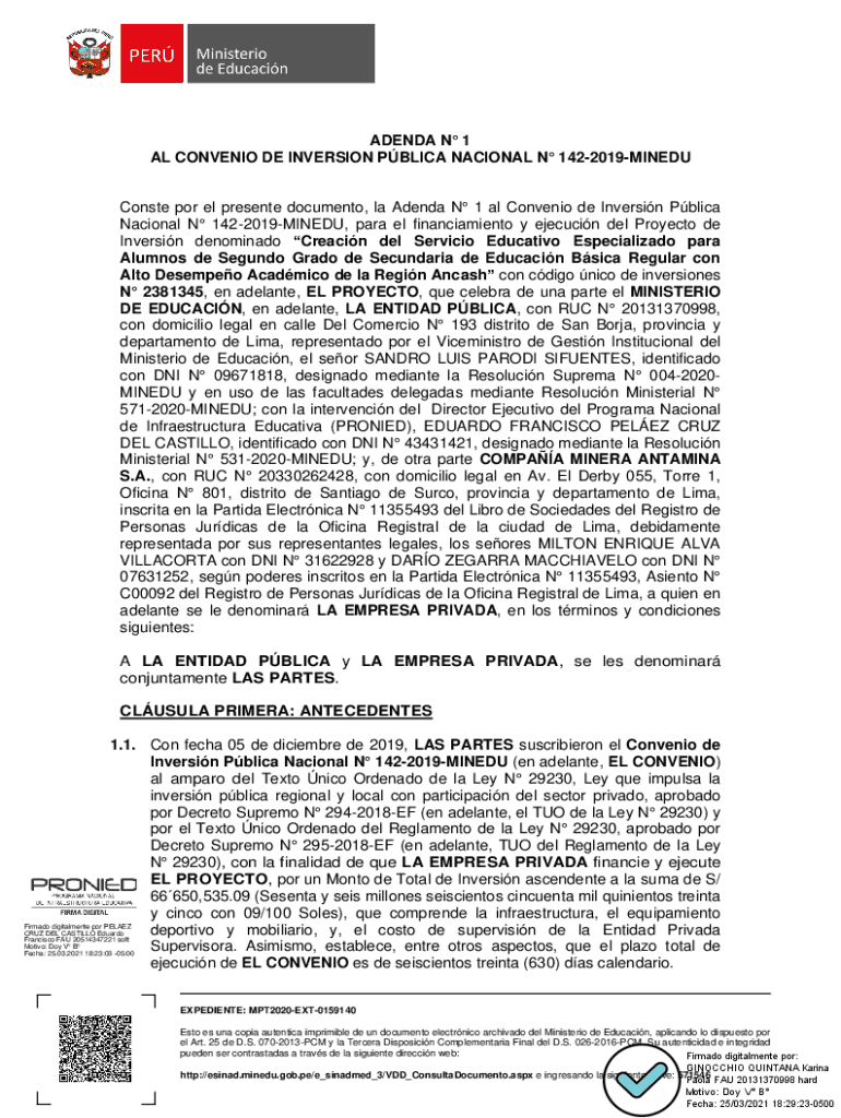 Completable En línea ADENDA N 1 AL CONVENIO DE INVERSION PBLICA ... Fax Email Imprimir - pdfFiller