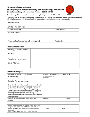 Fillable Online Diocese of Westminster St Gregory's Catholic Primary ...
