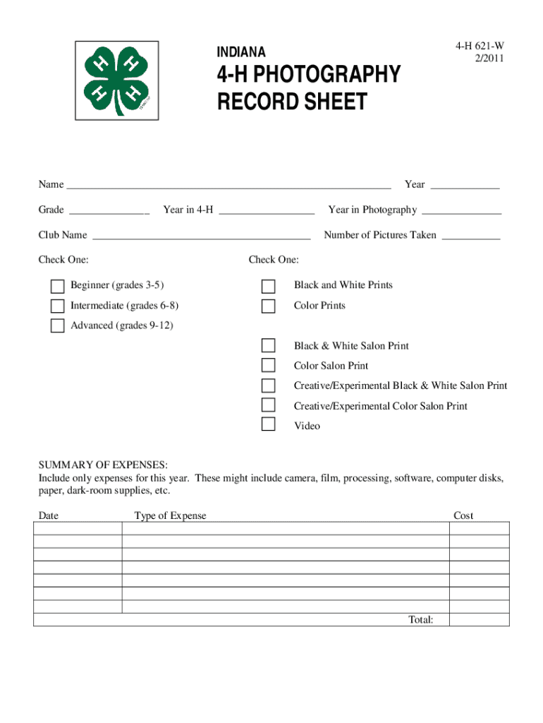 Fillable Online extension purdue 4-H PHOTOGRAPHY RECORD SHEET - Indiana 4-H Fax Email Print ...