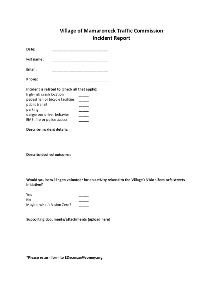 Fillable Online Village of Mamaroneck Traffic Commission Incident ...