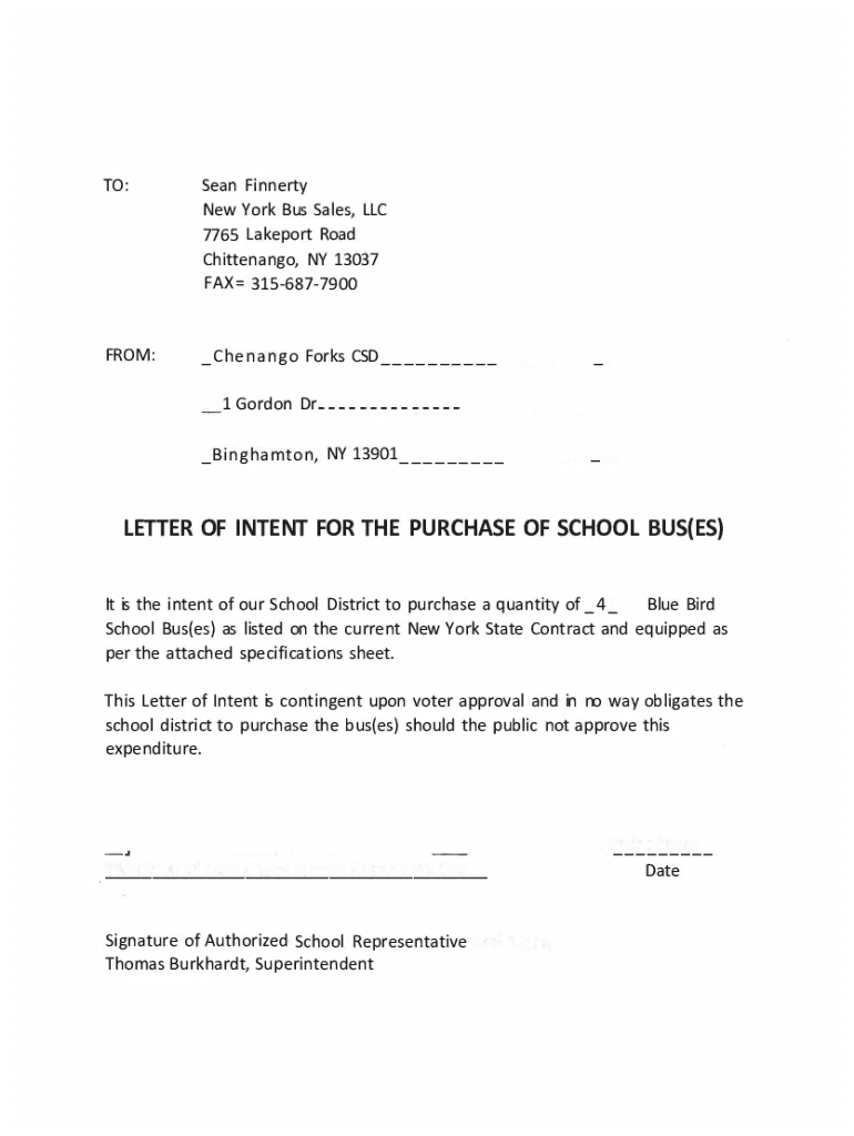 Fillable Online LETTER OF INTENT FOR THE PURCHASE OF SCHOOL BUS(ES) Fax Email Print - pdfFiller