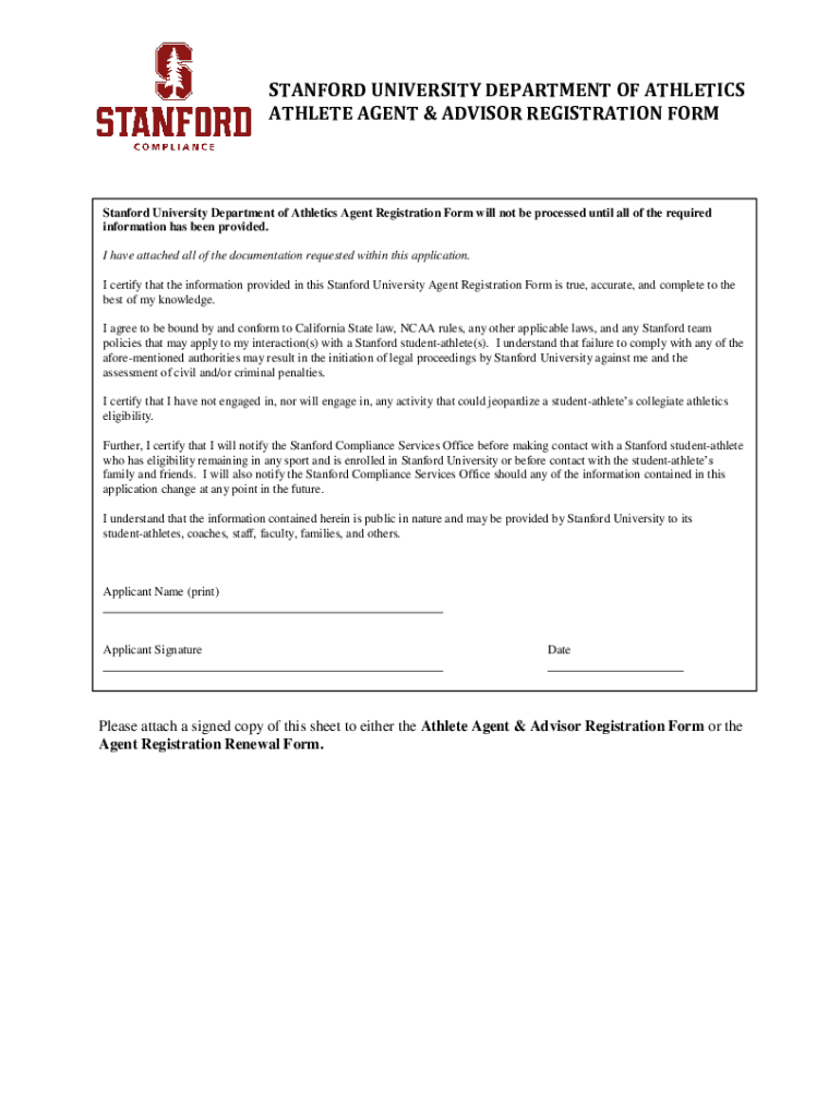 Fillable Online STANFORD UNIVERSITY PLAYER-AGENT REGISTRATION FORM Fax Email Print - pdfFiller